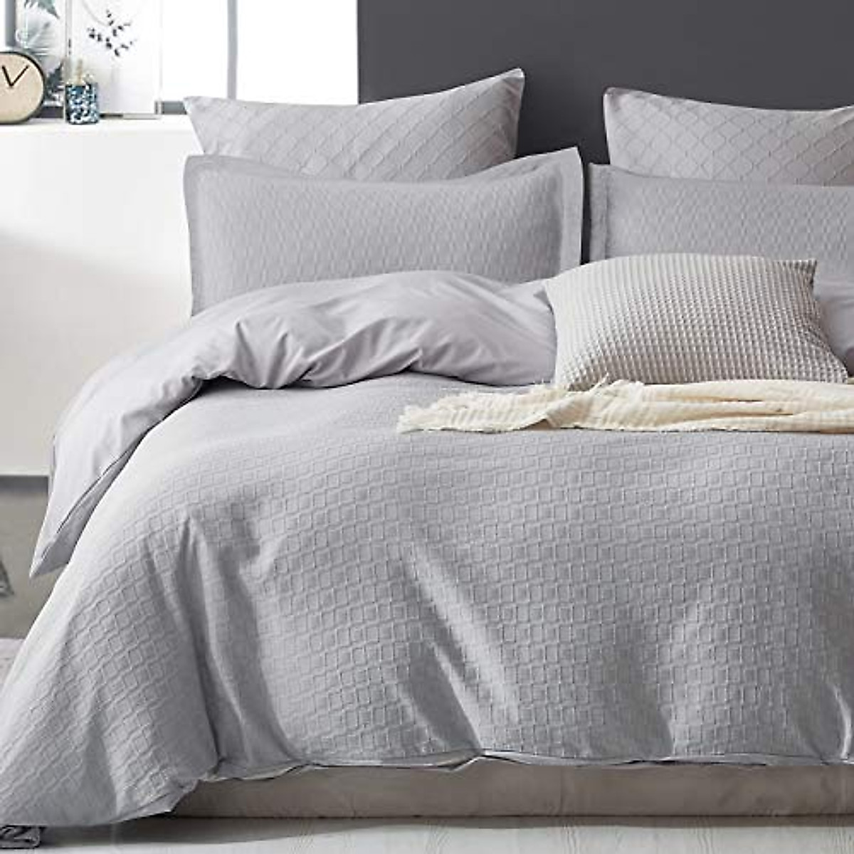 David's Home Cotton Blended Duvet Cover Set King, Ultra Soft Cozy Check Gingham Comforter Cover Set, Yarn Dyed Geometry Plaid Bedding 3 PCS for All Season, 106"x92", Light Grey
