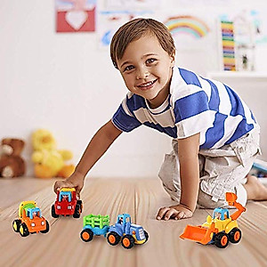 Coogam 4 Pack Friction Powered Cars Construction Vehicles Toy Set Cartoon Push and Go Car Tractor, Bulldozer, Cement Mixer Truck, Dumper for Year Old Boy Girl Kid Gift