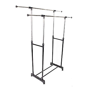 Guangshuohui Clothes Garment Rack, Double Rod Closet Double Rail Clothing Rolling Rack on Wheels and Bottom Shelves, Black & Silver (A)