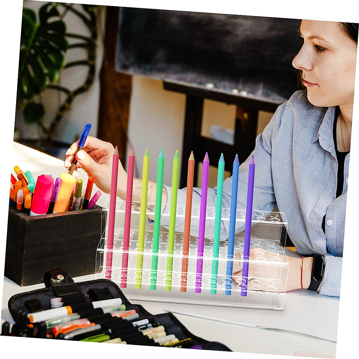 Cabilock Pen Showcase Display Acrylic Material Stationery Holder 48 Slots Stand for Pen Makeup Brush Storage Organizer