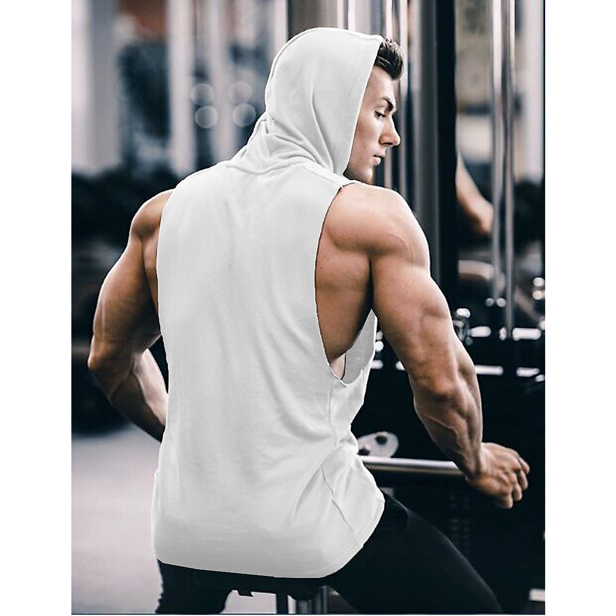 COOFANDY Men's Workout Hooded Tank Tops Bodybuilding Muscle Cut Off T Shirt Sleeveless Gym Hoodies White