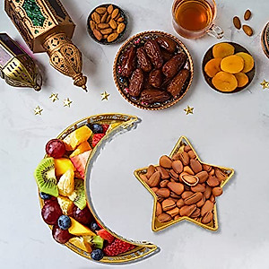 YumSur Eid Mubarak Moon Star Tray, Islam Muslim Al-Fitr Iftar Party Food Serving Tray, Ramadan Metal Platters Table Decor for Breakfast Dinner Dessert Pastry Display Holder Decoration Ornament