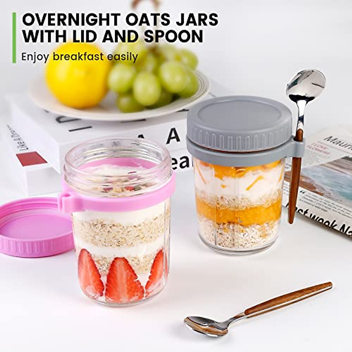 SUREHOME Overnight Oats Containers with Lids And Spoon, 4 Pack Glass Mason Jars for Overnight Oats Oatmeal Container to Go 16 Oz Meal Prep Jars with Measurement Scale for Pudding Milk Cereal Salad