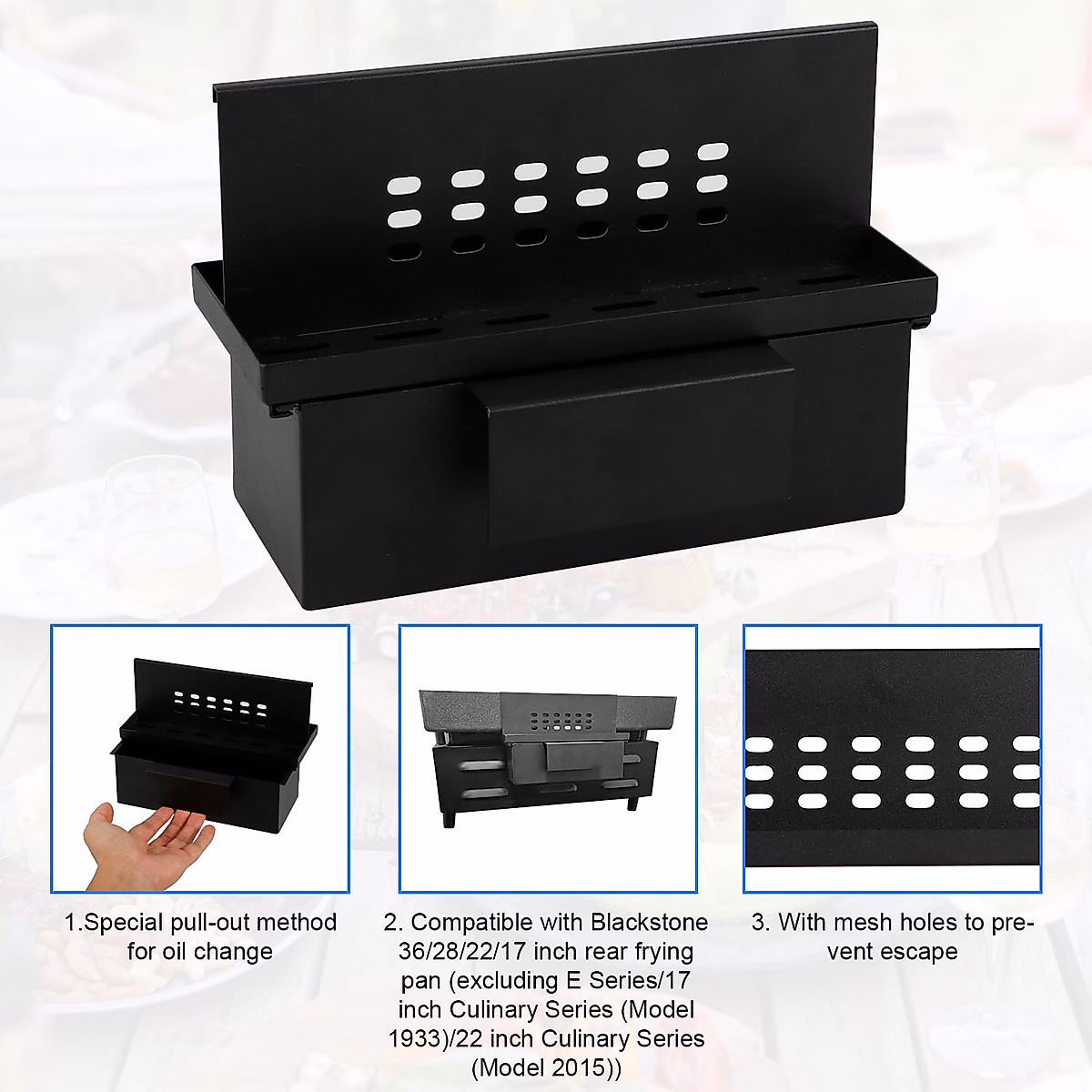 Rear Grease Catcher for Blackstone Griddle 36''/28''/22''/17'', Innovative Pull-out Grease Gate Large Capacity Drip Pans Grease Trap Upgrade Integrated Drainage Funnel Cup for Blackstone Accessories