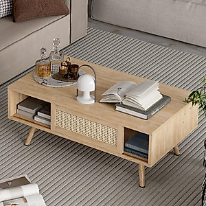 Forsho Rattan Coffee Table Mid Century Modern Coffee Table with Storage 41.3 Inch Wooden Accent Center Sofa Table with Sliding Woven Door Panel and Solid Wood Legs Perfect for Living Room