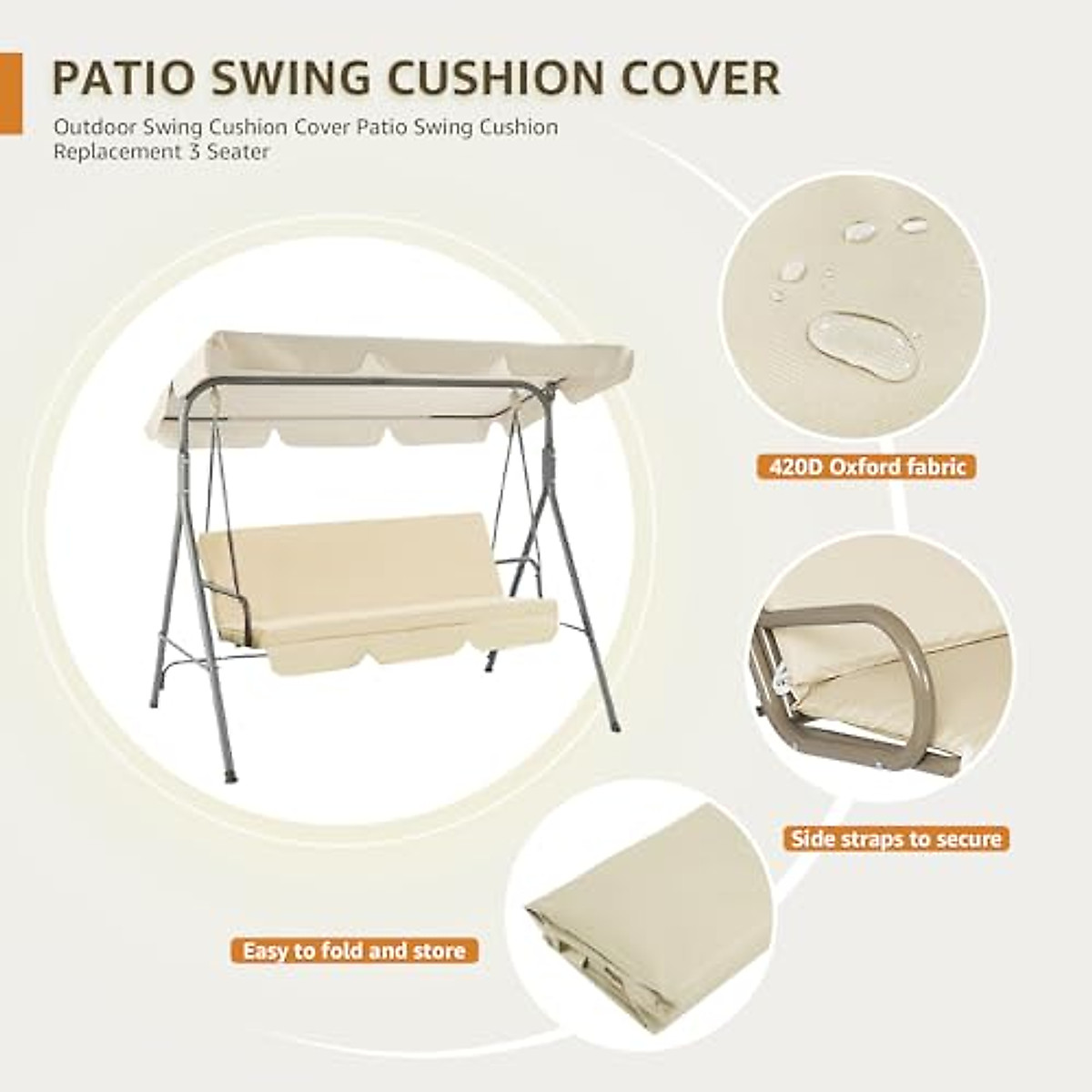 Aurragiy Outdoor Swing Cushion Cover Patio Swing Cushion Replacement 3 Seater Swing Seat Cushion Cover Waterproof Dust Proof for Courtyard Garden -59x19x4inches (Beige Cover Only)