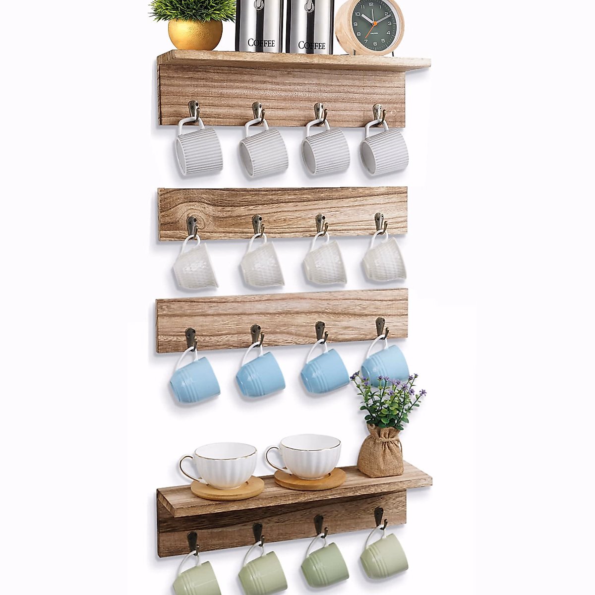 TRSPCWR Coffee Mug Rack with Storage Shelf, Rustic Wood Coffee Mug Holder Wall Mounted with 16 Hooks, Coffee Cup Holder for Mugs Tea Cups Display and Organizer, Set of 4