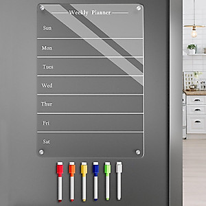 9"x13" Clear Weekly Meal Planner Magnetic Acrylic Board,Acrylic Magnetic Dry Erase Board for Fridge, Magnet Week Calendar for Refrigerator Includes 6 Colors Markers and Pen Container