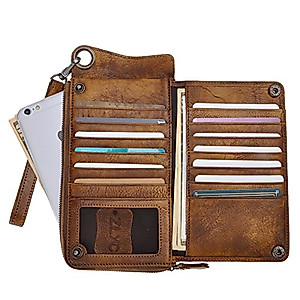 ZLYC Vintage Handmade Dip-dye Leather Wallet Card Holder Long Clutch with Detachable Wristlet (Brown)