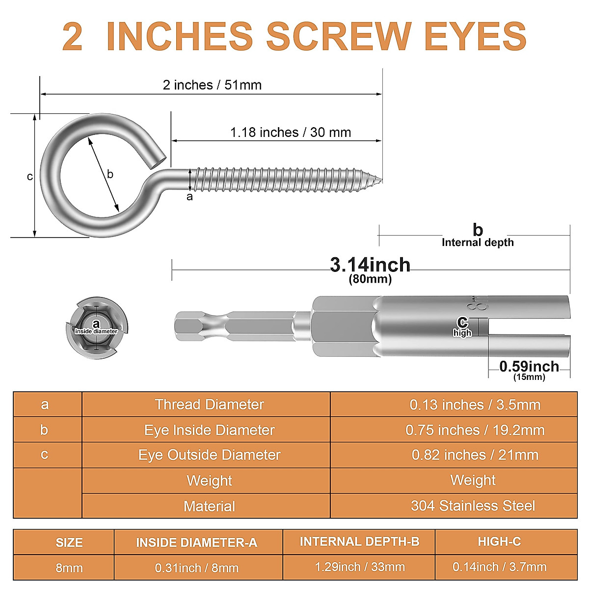 HXLPAY 2” 26 Pack 304 Stainless Steel,Screw Eyes Heavy Duty Screw in Eye Hooks Ring, Yoga & Brazilian Hammocks, Indoor & Outdoor, Self Tapping Screws,Eye Bolt (1 pcs 1/4" hex Shank Wing nut Driver)