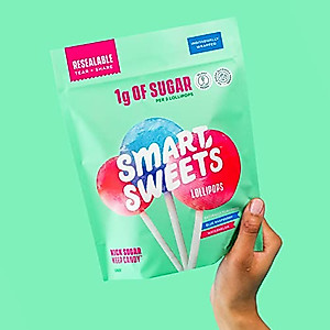 SmartSweets Lollipops, Blue Raspberry & Watermelon Flavors, Hard Candy with Low Sugar (1g), Low Calorie (40), No Artificial Sweeteners, Plant-Based, Gluten-Free, 3oz (Packaging May Vary)