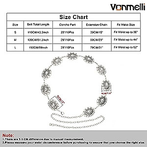 VONMELLI Western Chain Belt for Women Concho Silver Link Chain Belts for Jeans Dresses Silver S