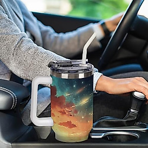 LLUTSNTH 40 Oz Vacuum Tumbler with White Handle Leakproof Insulated Tumbler Anime Stainless Steel Travel Mug with Lid And Straw Coffee Cup Cute Water Bottles Cup Holder Friendly