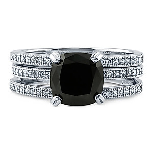 BERRICLE Sterling Silver Solitaire 3 Carat Black Cushion Cut Cubic Zirconia CZ Stackable Fashion Ring Set for Women, Rhodium Plated Size 7