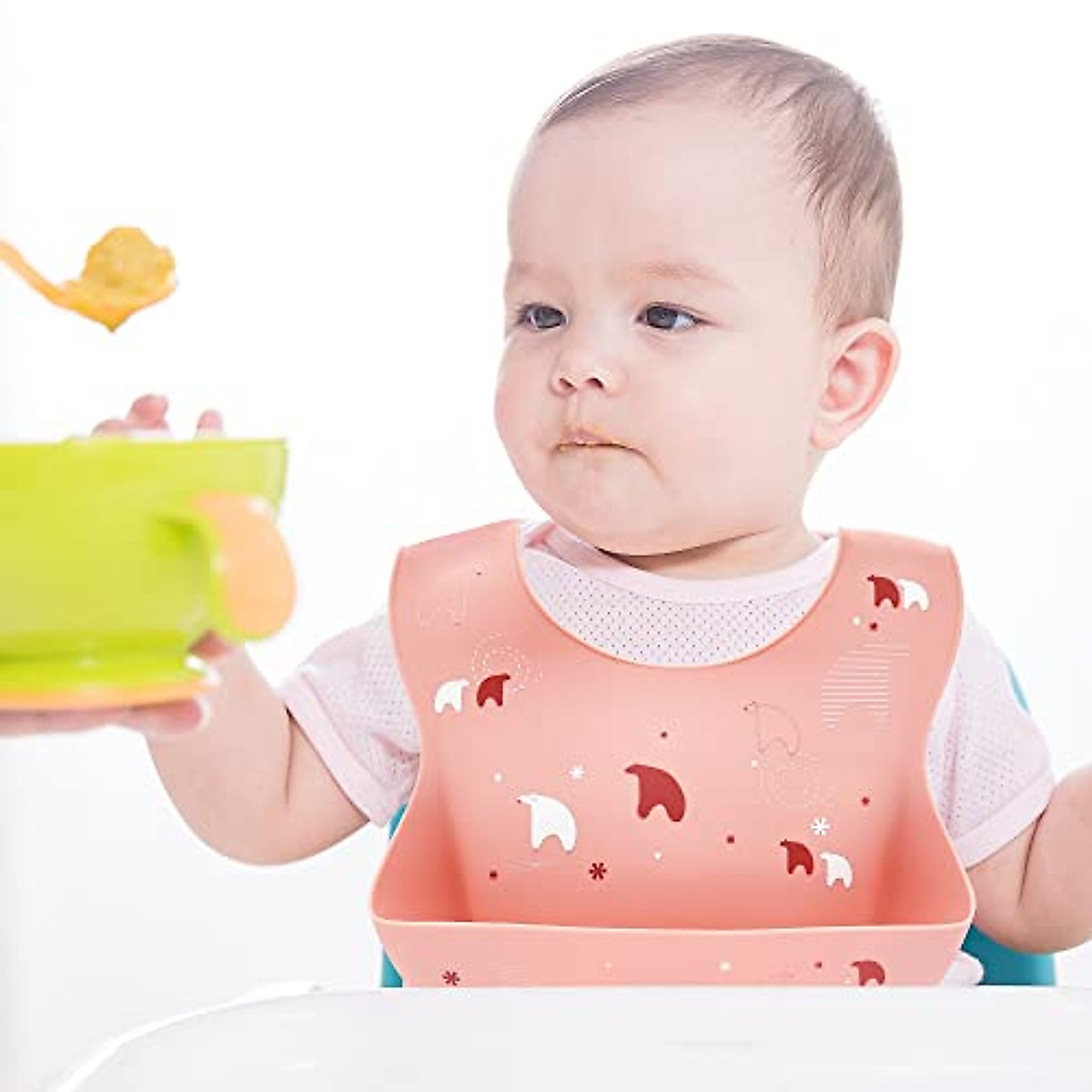 GAJIGAJI Waterproof Silicone Baby Bib, Easy Clean Quick Drying Soft and Comfortable Feeding Bucket Bib, Keep Stain off (Astronaut)
