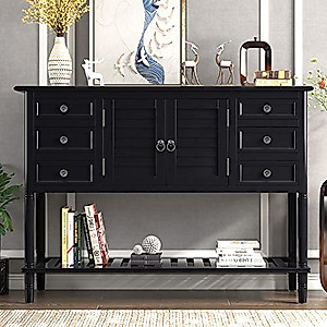 XD Designs Retro Style Sideboard Console Table, Free Standing Kitchen Storage Buffet Server Cabinet, 45 Table Sofa 6 Drawers, 1 Cabinets and Bottom Shelf (Black + MDF), 45.28Wx14.96Dx34.02H