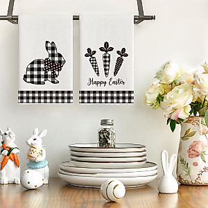 Artoid Mode Buffalo Plaid Rabbit Bunny Carrots Happy Easter Kitchen Dish Towels,18x26 Inch Seasonal Spring Decoration Hand Towels Set of 2