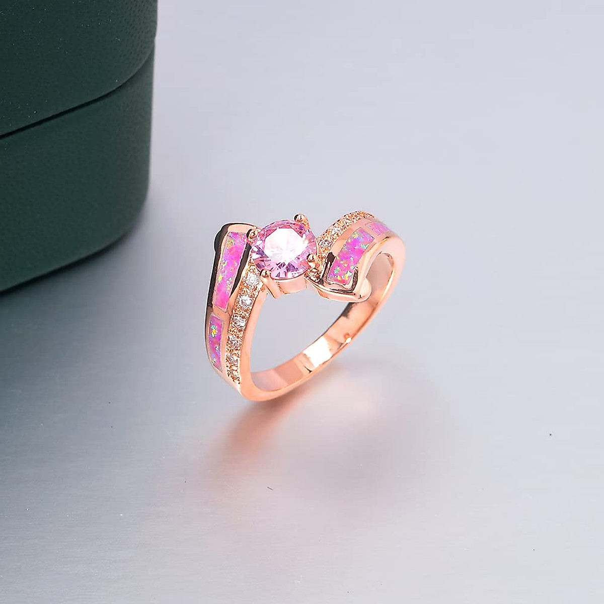 CiNily Rose Gold Plated Created Pink Fire Opal Pink Topaz Zircon Rings for Women Gemstone Ring Size 8