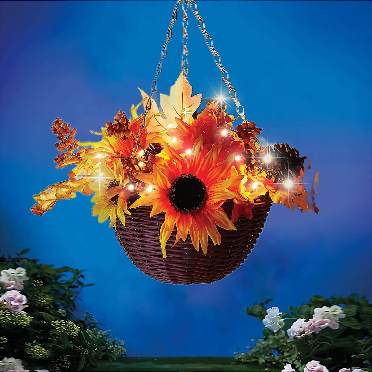 ELFENGARDEN Sunflower Hanging Basket Decorative Indoor Outdoor - Basket with Artificial Daisy Hanging Plant for Living Room Home Office Garden - 10 LEDs Light Up Autumn Flower Hanging Basket