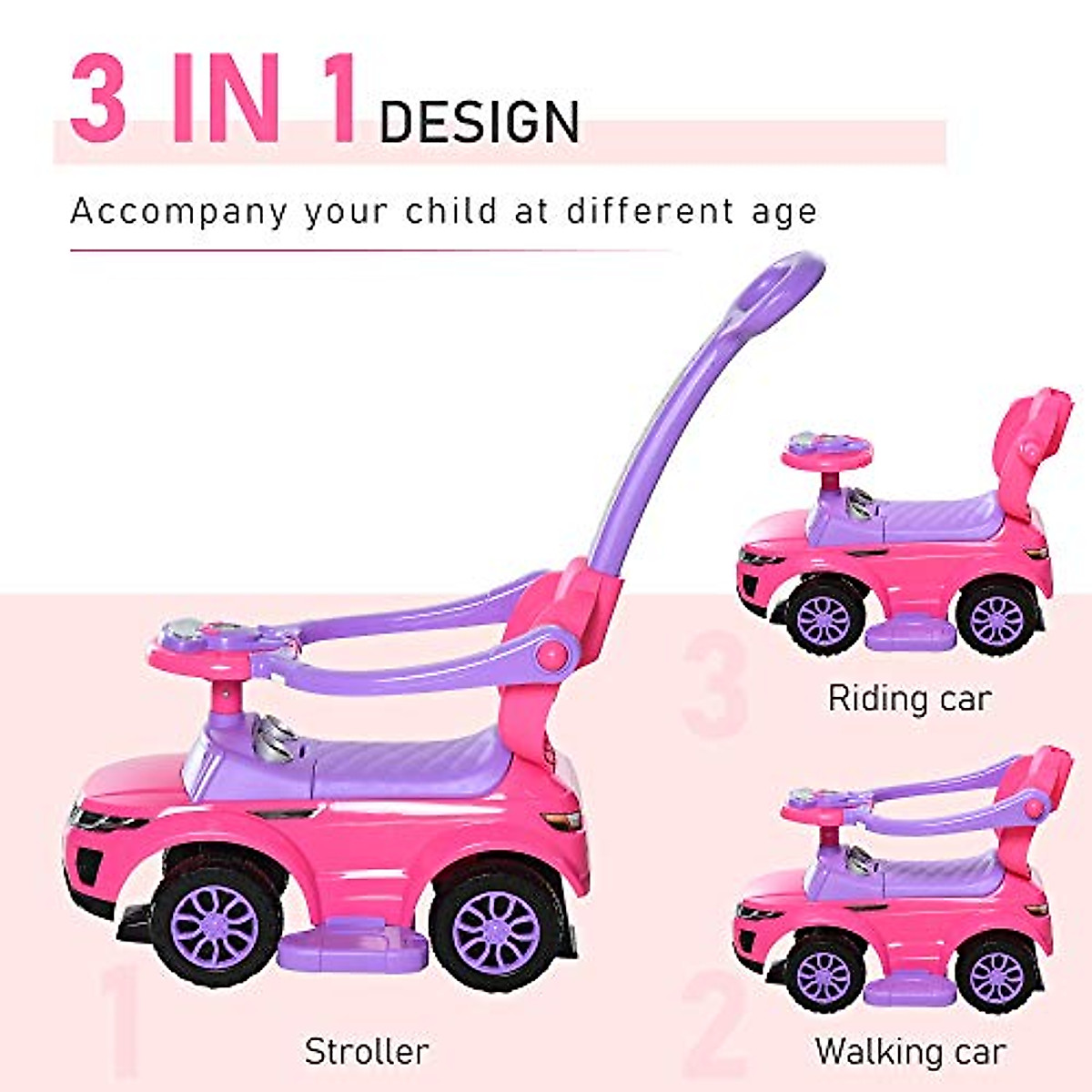 Aosom 3 in 1 Push Cars for Toddlers Kid Ride on Push Car Stroller Sliding Walking Car with Horn Music Light Function Secure Bar Ride on Toy for Boy Girl 1-3 Years Old Pink