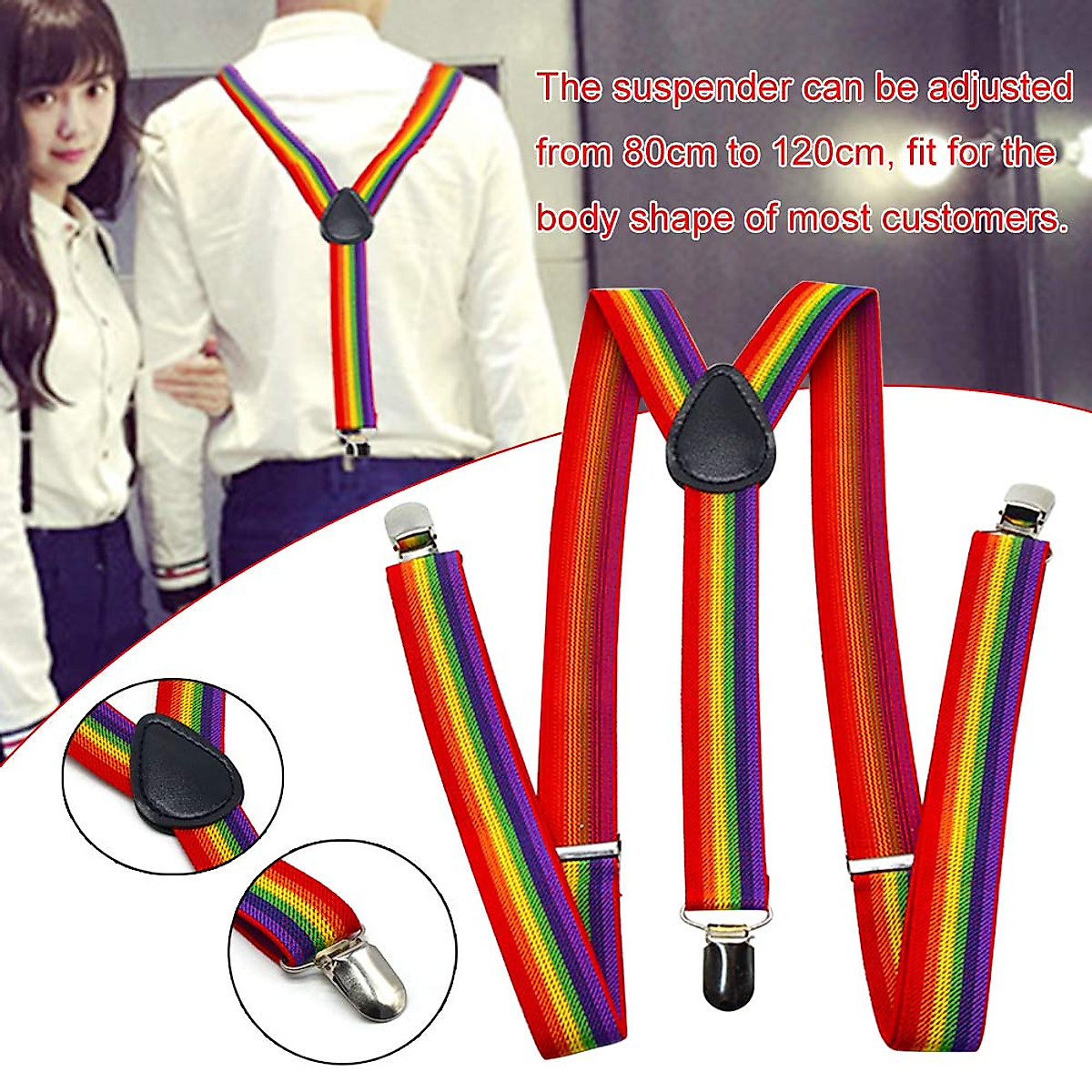 Denpetec Suspenders, Rainbow Y Back Style for Men and Women with Strong Metal Clips, Adjustable Elastic Suspenders for Adults, Unisex