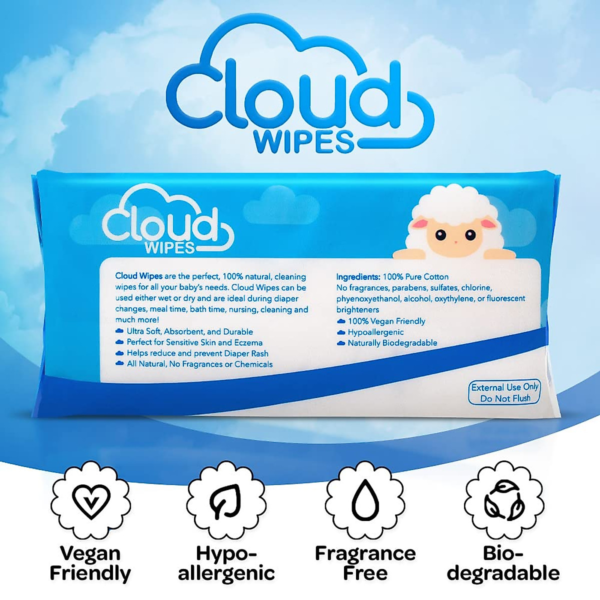 Cloud Wipes Pure Dry Cotton Baby Wipes Soft Durable Unscented Cloth Tissue for Sensitive Skin (2-Pack 200 Count)