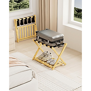 Luggage Rack, Folding Suitcase Stand with Storage Shelf, Natural Bamboo Suitcase Storage, Heavy-Duty Luggage Holder for Guest Room, Bedroom, Hotel, Luggage Racks for Suitcases, Holds up to 150lb