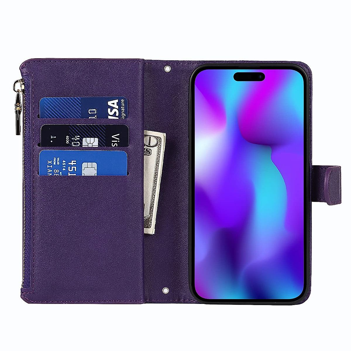 SailorTech Wallet Phone Case Design for iPhone 14 Pro 9 Card Holder 1 Zipper Coin Wallet 2 Cash Slot Kickstand Lanyard Flip Leather Cover Purple