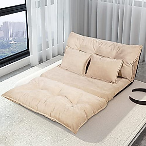 Sucrever Floor Sofa Chair with Adjustable 6-Position and 2 Pillows for Adults, Folding Lazy Sofa Sleeper Bed Couch for Reading or Gaming, Chaise Lounge Chair for Bedroom Living Room, Beige