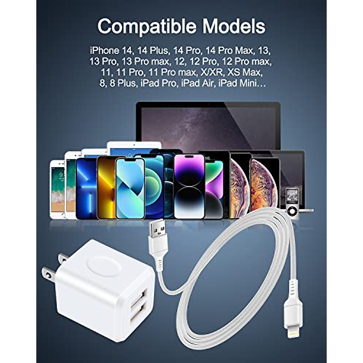 Apple Charger Kits for iPhone 14 Pro Max 14Pro 14 Plus 13Pro 13 12 11 SE 10 XR X XS 8 7 6 6s Plus, Dual USB Charger Block with USB to Lightning Cable, 2.1amp travel wall plug adapter+USB lighting cord