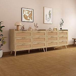 CollaredEagle 6 Drawer Rattan Dresser for Bedroom, Wooden Dresser Chest of Drawers with Power Outlets, Storage Organizer for Closet, Beside Table for Living Room, Entryway