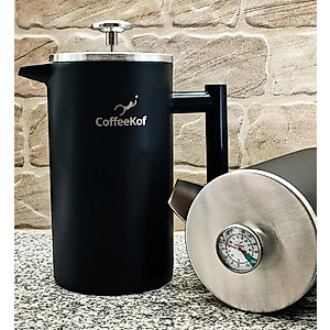 CoffeeKof Stainless Steel French Press Coffee Maker With Thermometer.Double Insulated Coffee Press,34 0Z,Black.