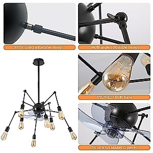 Aukali Ceiling Fans with Lights, Low Profile Ceiling Fan with Lights Remote Control, 45" Flush Mount Ceiling Light, Timer, 6 Speeds, Vintage Chandeliers for Dining Room, Bedroom (8 Lights)