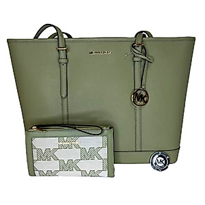 Michael Kors Jet Set Travel Large TZ Shoulder Tote bundled with Double Zip Wristlet and Purse Hook (Light Sage/MK)