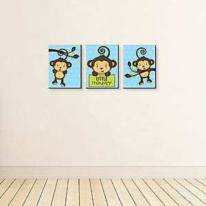 Big Dot of Happiness Blue Monkey Boy - Baby Boy Nursery Wall Art and Kids Room Decorations - Gift Ideas - 7.5 x 10 inches - Set of 3 Prints