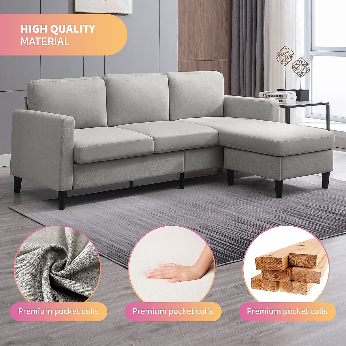 Mixoy 78'' Convertible Sectional Sofa with Storage Ottoman, Small Linen Fabric Sectional Sofa with Movable Ottoman, Modern Free Combination L Shaped Couch (Light Grey)