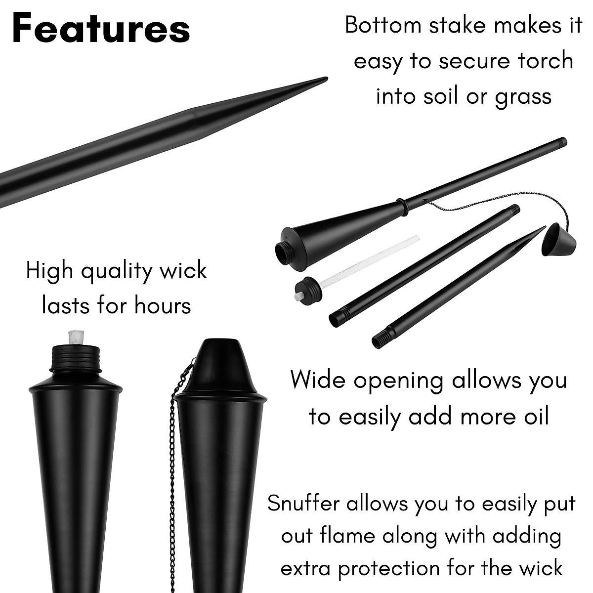 BIRDROCK HOME Mallorca Outdoor Torches - Relaxing Backyard Lighting, Easy Refill Extra Wide Mouth, Adjustable Height, Citronella Oil Compatible - Set of 4, Black, 13oz