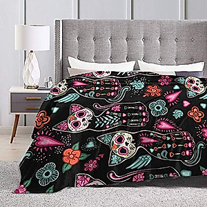 Day of The Dead Cat Kitten Sugar Skull Throw Blanket Soft Lightweight Durable Flannel Fleece Blanket 50"X40" for Bed Sofa Couch Camping Travel