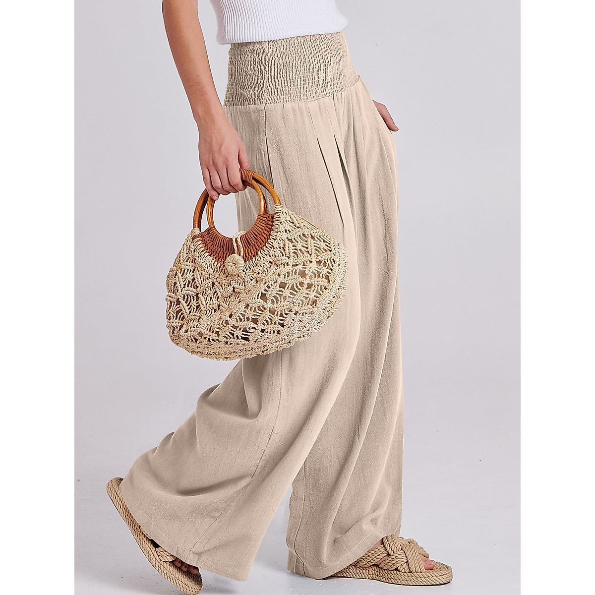 ANRABESS Women Linen Palazzo Pants Summer Boho Wide Leg High Waist Casual Lounge Pant 2025 Beach Travel Vacation Outfits Almond Large