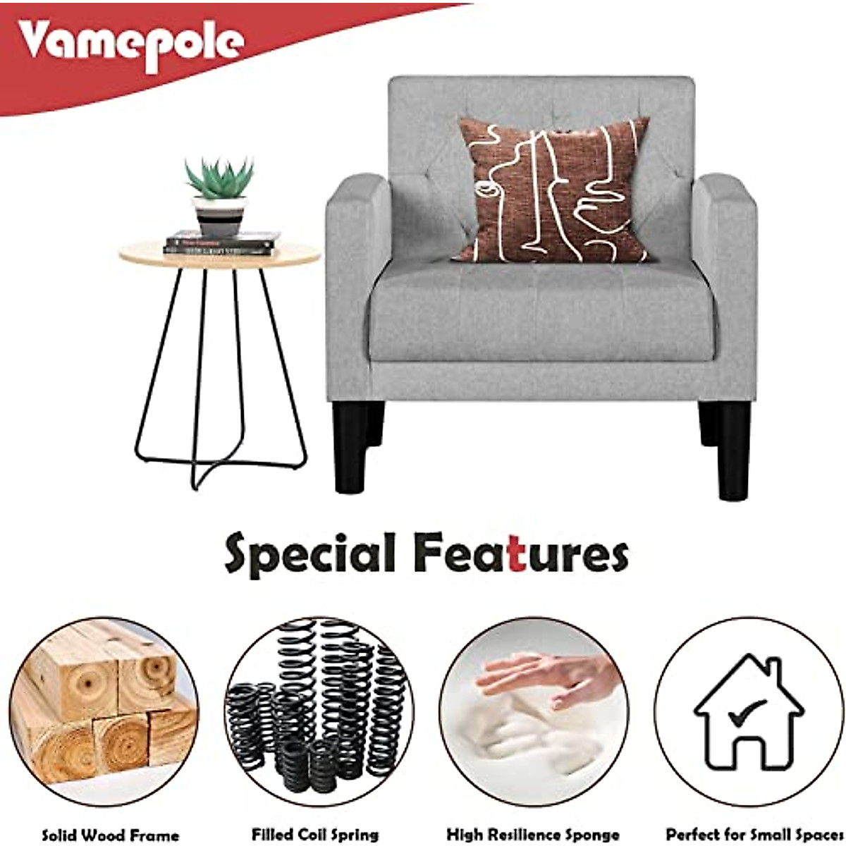 VAMEPOLE Modern Accent Chairs Set of 2, Comfy Living Room Chair, Cozy Tufted Mid Century Modern Accent Chair, Upholstered Reading Arm Chair for Living Room, Bedroom Sofa Chair(Light Grey, Set of 2)