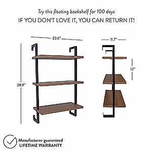 Nathan James Theo 3-Shelf Small Bookcase, Floating Wall Mount Bookshelf with Wood and Industrial Pipe/Metal Frame, Rustic Oak/Matte Black