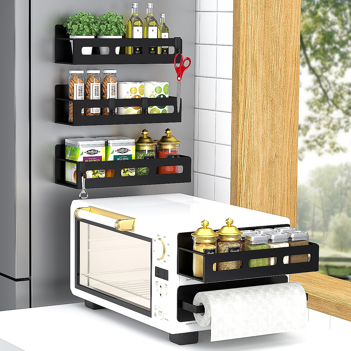 Mamajardin 5 Pack Magnetic Spice Rack for Refrigerator with Paper Towel Holde, Metal Spice Rack Organizers with 4 Moveable Hooks, Black Magnetic Shelf for Fridge Storage, Perfect Gifts