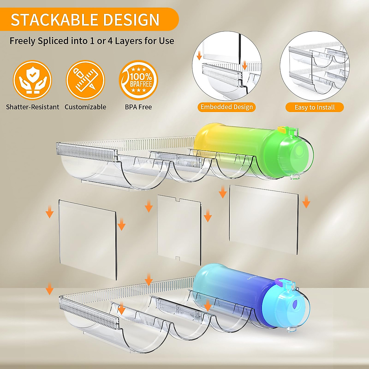 Water Bottle Organizer (Upgraded Widen), 4 Pack Stackable Plastic Water Bottle Cup Holder, Wine/Drink/Water Bottle Storage Stand for Kitchen Countertop, Cabinet, Freezer, Pantry, Hold 16 Containers