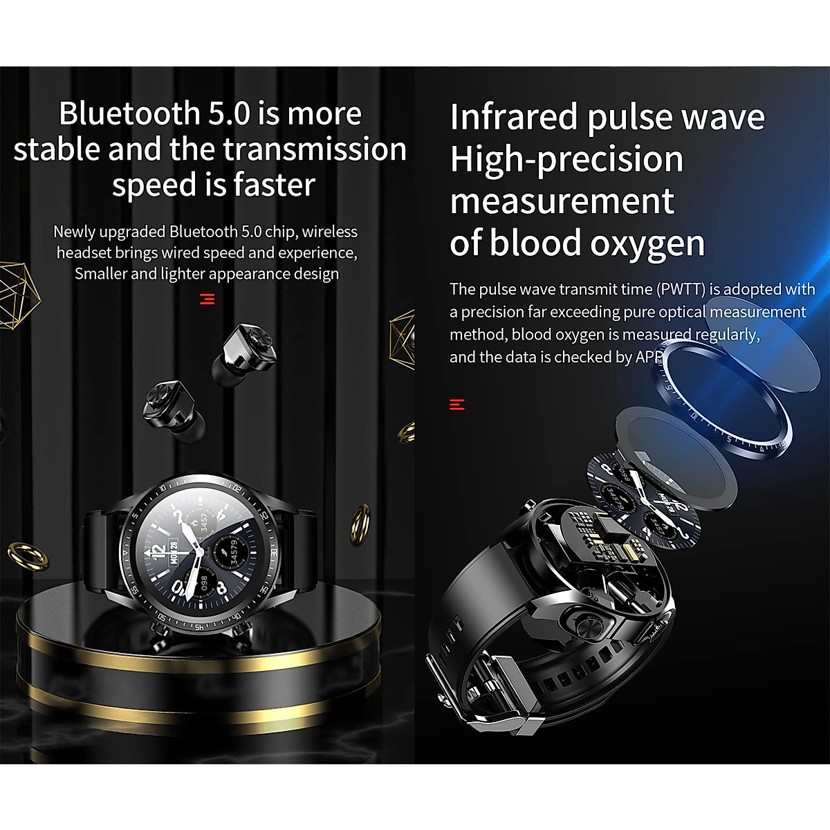 Tuanzi JM03 2 in 1 Smart Watch with Earbuds 1.28" Smartwatch TWS HiFi Stereo Wireless Headset Combo Bluetooth Phone Call for Android iOS(Black)