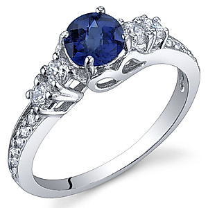 PEORA Created Blue Sapphire Women Ring 925 Sterling Silver, Enchanting Solstice Design, 0.75 Carat Round 5mm Size 6