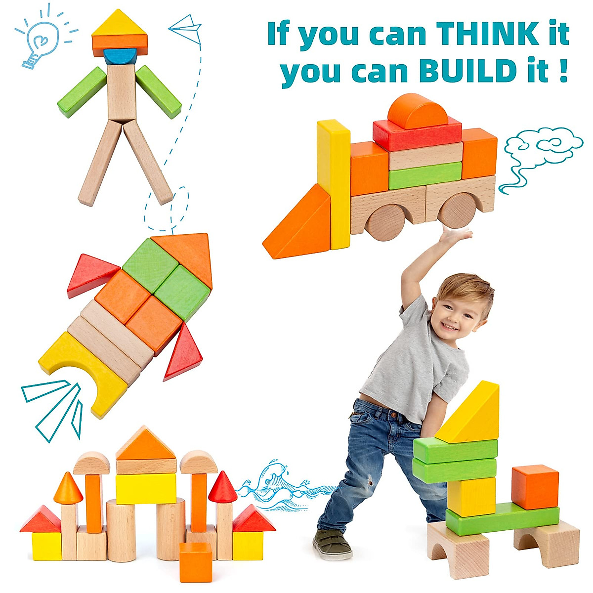 Wooden Building Blocks Set - Stacker Stacking Preschool Learning Educational Toys with Carrying Bag, Toddler Toys for 3+ Year Old Boy and Girl Gifts (80 Pcs)