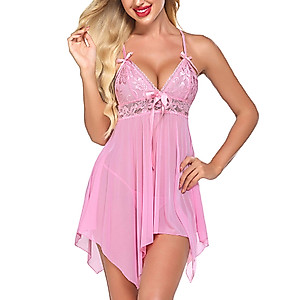 Avidlove Lingerie for Women V Neck Sleepwear Mesh Negligee Sexy Babydoll Dress(Pink,L)
