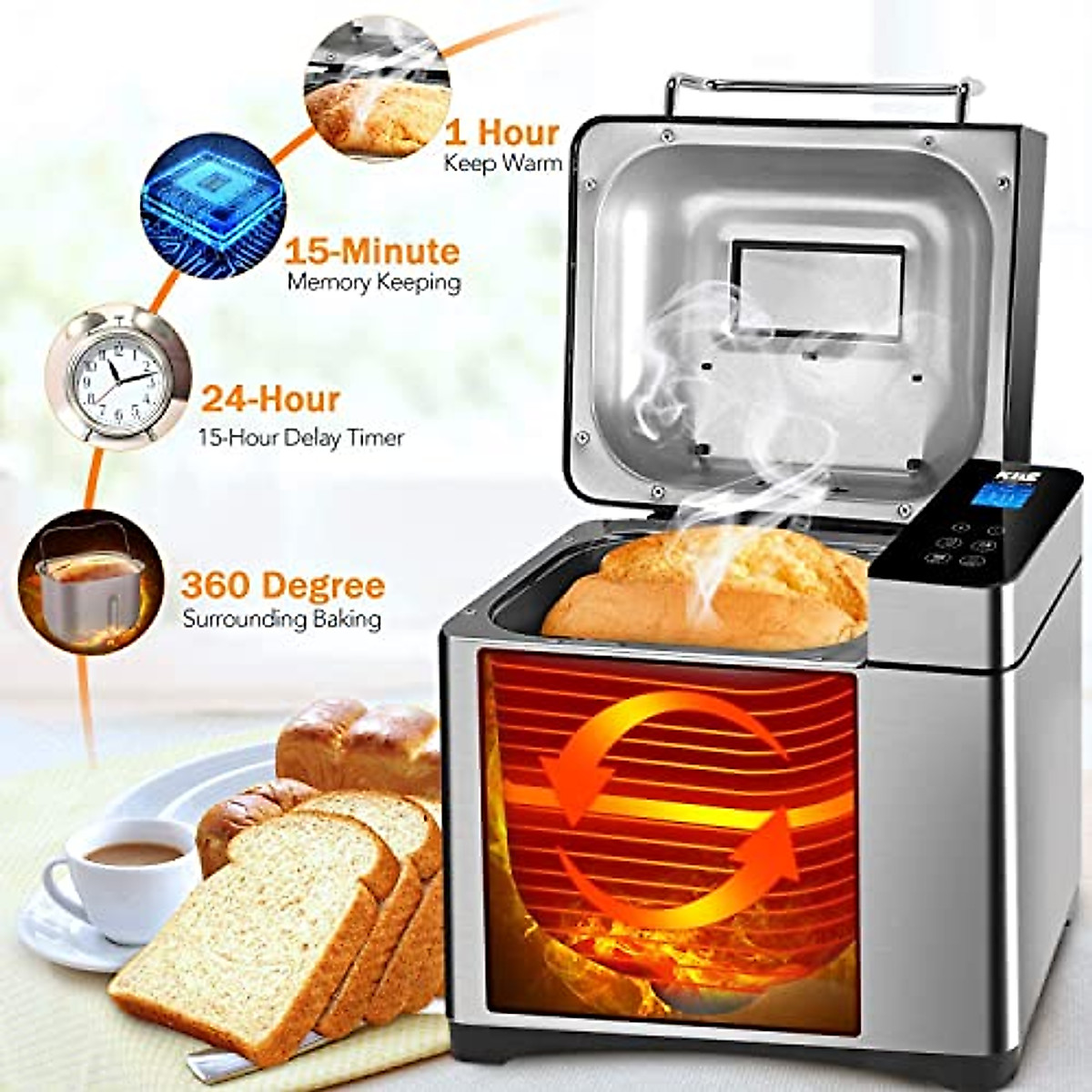 KBS Large 17-in-1 Bread Machine, 2LB All Stainless Steel Bread Maker with Auto Fruit Nut Dispenser, Nonstick Ceramic Pan, Full Touch Panel Tempered Glass, Reserve& Keep Warm Set, Oven Mitt and Recipes