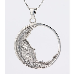 Jewelry Trends Sterling Silver Large Crescent Moon Goddess Face Pendant Necklace 18"