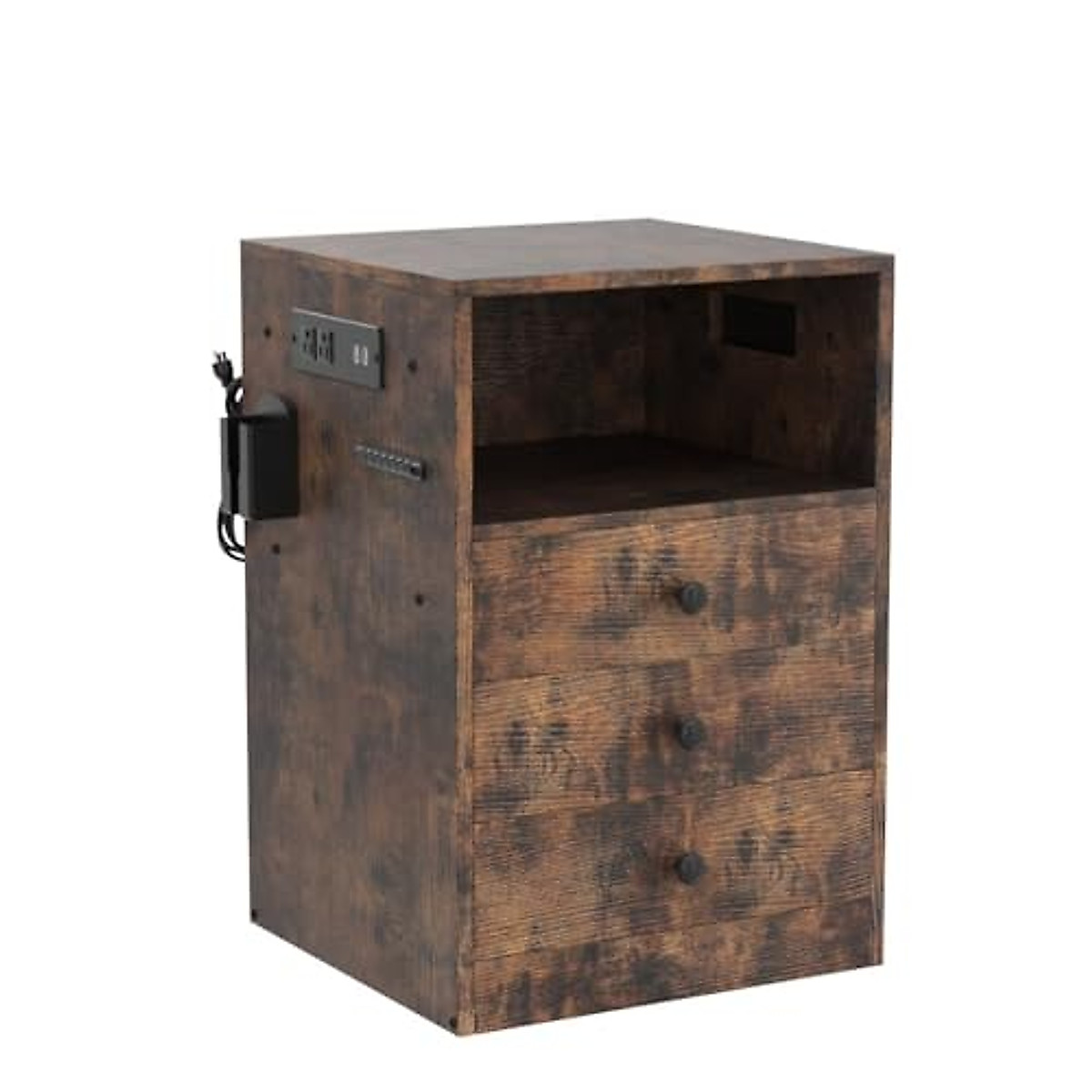 LIKIMIO Nightstand with Charging Station and 3 Drawers, LED Lights End Side Table with interchangeable sockets and Hooks, Vintage Brown
